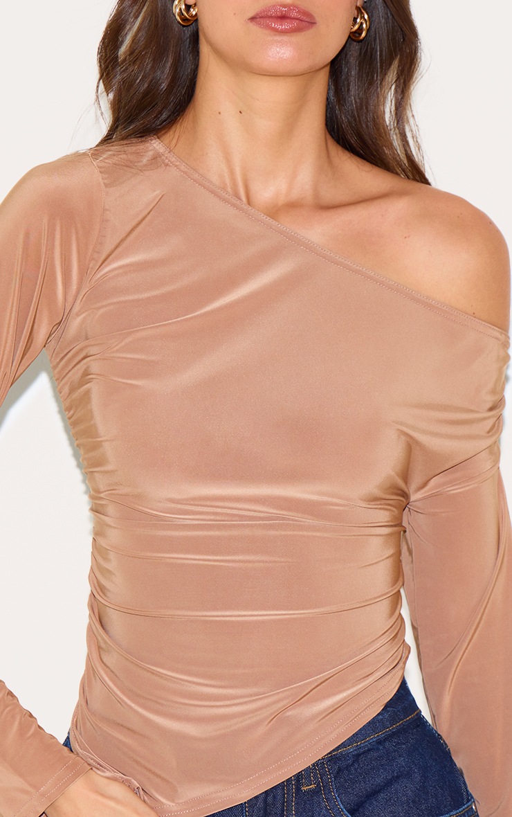 Tan Soft Touch Asymmetric Ruched Long Sleeve Top | Tops ...
