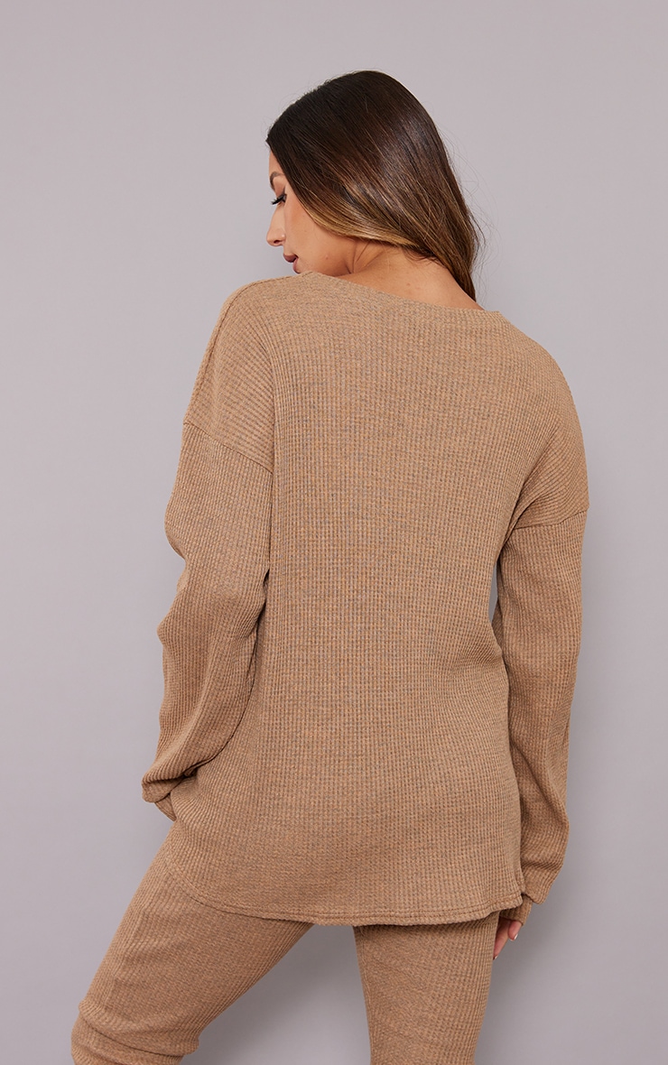 Maternity Camel Long Sleeve Waffle Rib Top | PrettyLittleThing AUS