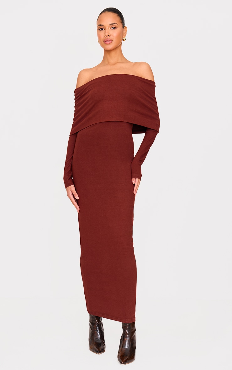 Chocolate Cotton Super Bardot Maxi Dress | Dresses | PrettyLittleThing QA