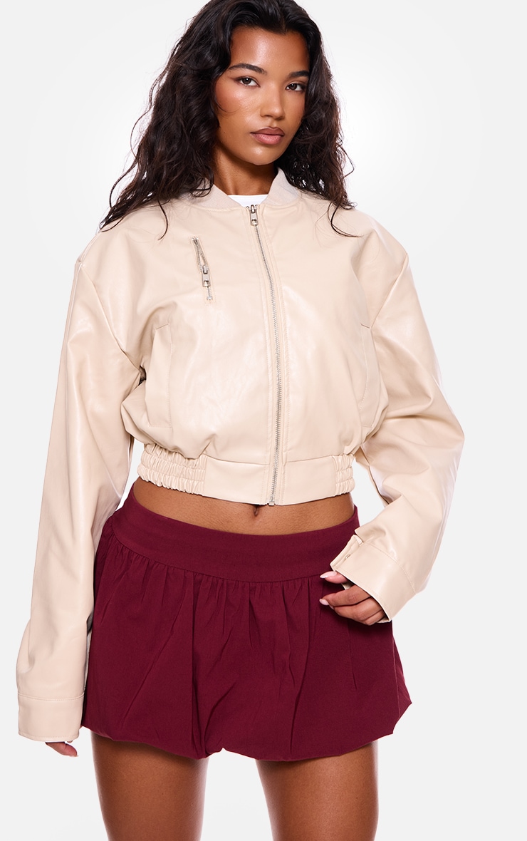 Cream Faux Leather Bomber Jacket | Outerwear | PrettyLittleThing USA