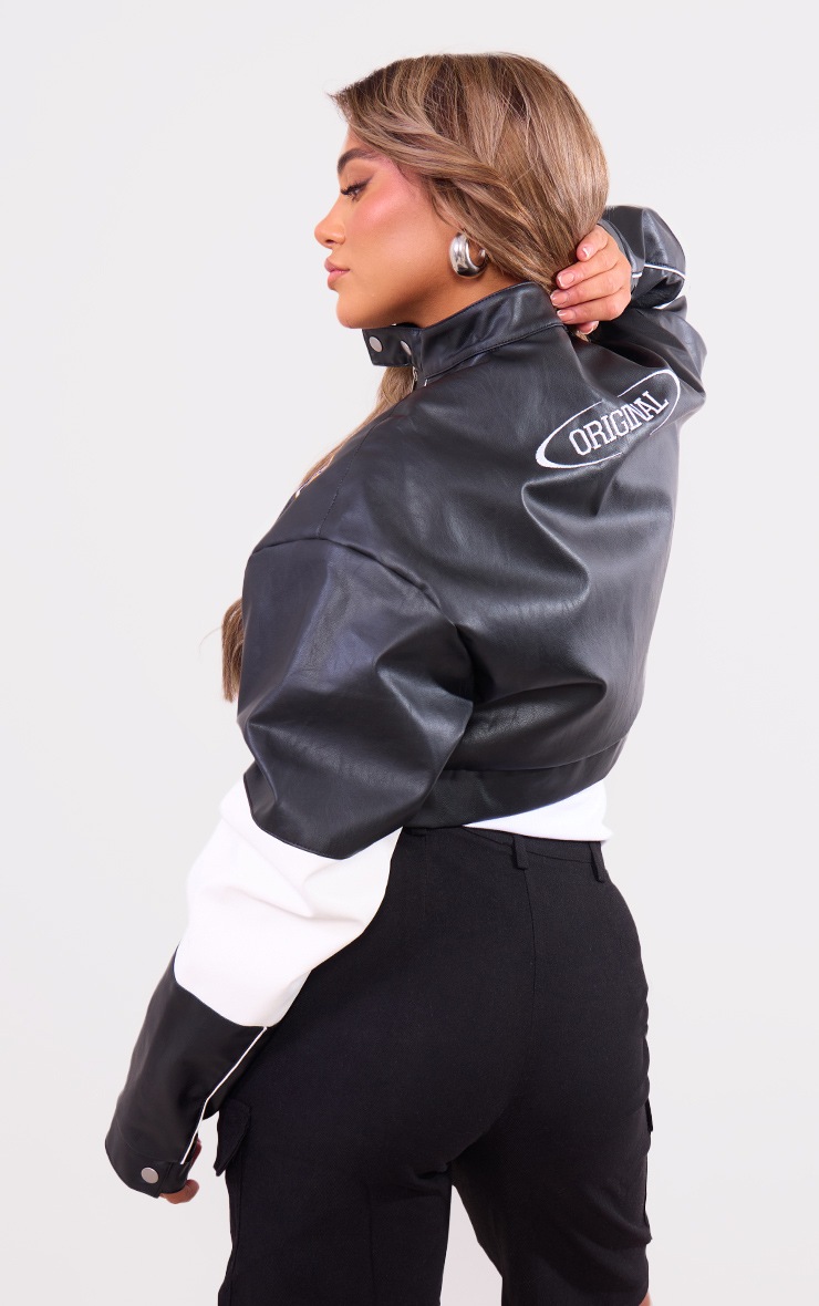 Black PU Contrast Cuba Graphic Crop Racer Jacket | Outerwear ...