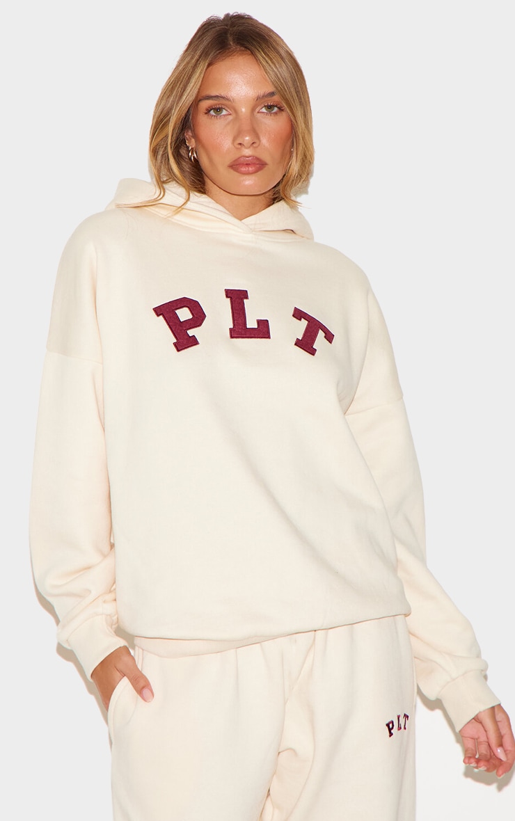 PLT Cream Contrasting Print Logo Oversized Hoodie | Sweat | PrettyLittleThing CA