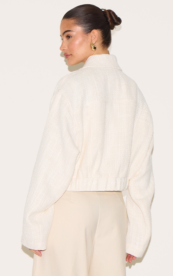 Cream Textured Zip Up Bomber Jacket | Outerwear | PLT