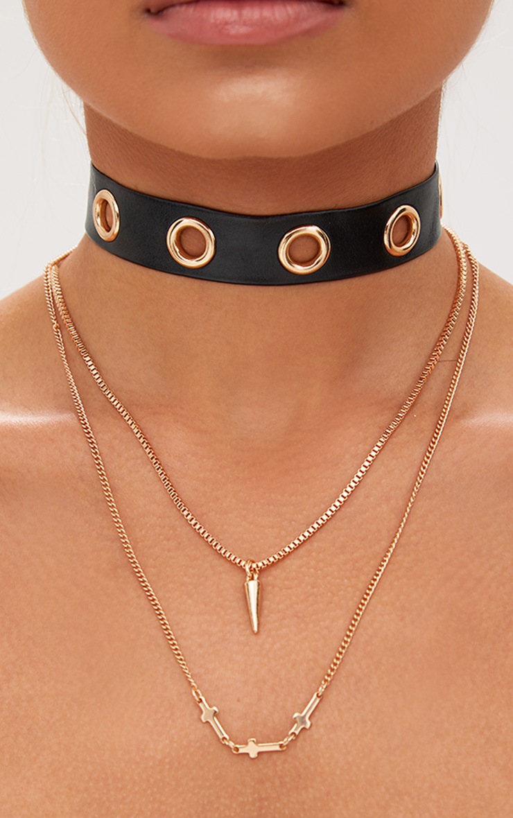 Gold Multi Layer PU Cross Choker Necklace. Accessories | PrettyLittleThing