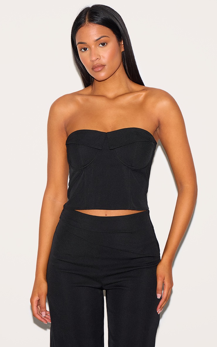 Tall Black Tailored Fold Over Detail Corset Top | Tall | PLT
