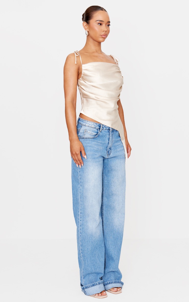 Stone Satin Ruched Asymmetric Strappy Top | Tops | PLT
