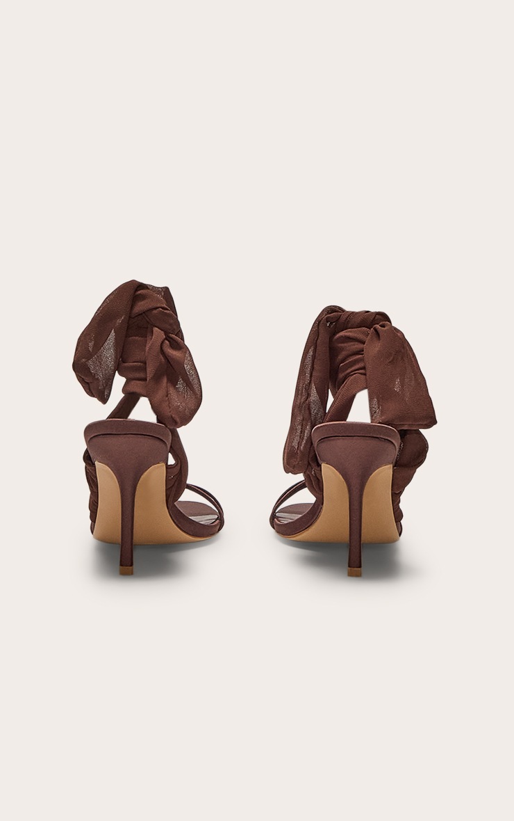 Chocolate Satin Round Toe Ribbon High Heel Sandals | Footwear | PLT
