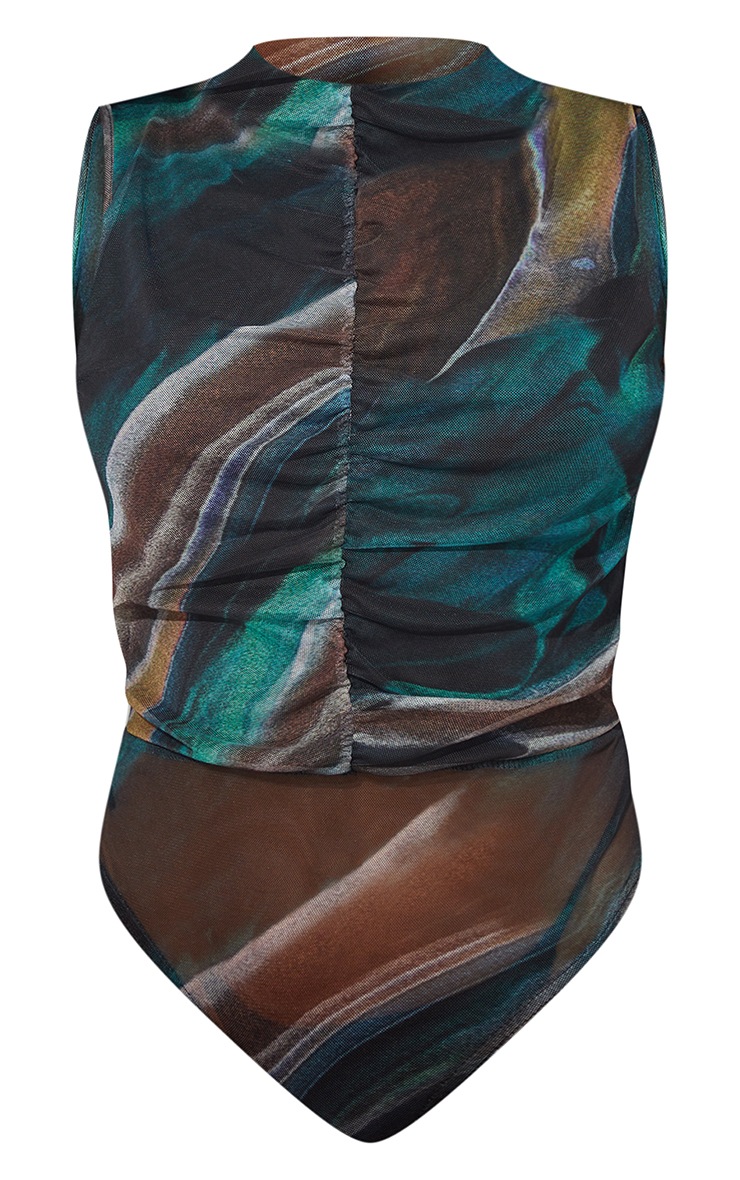 Green Abstract Printed Mesh Ruched Front Bodysuit | Tops | PLT USA