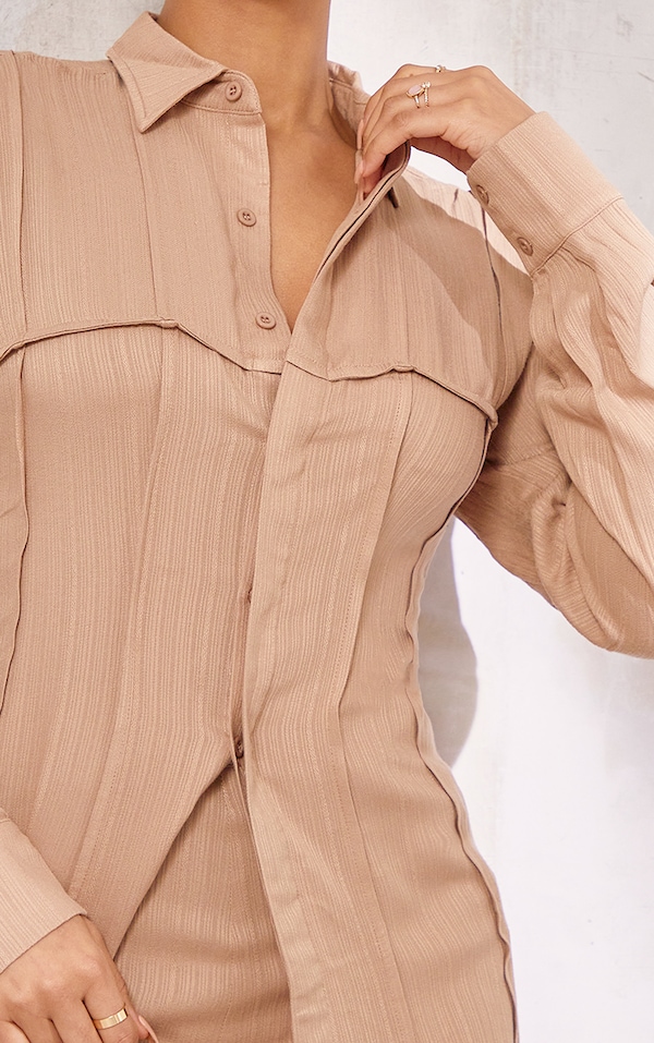 Camel Textured Stripe Panel Detail Shirt | Co-ords | PLT