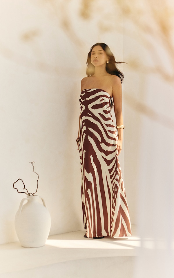 Tan Zebra Abstract Print Woven Bandeau Maxi Dress | Dresses ...