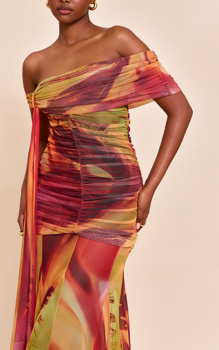 Burnt Orange Abstract Lined Mesh Bardot Maxi Dress | Dresses | PLT USA