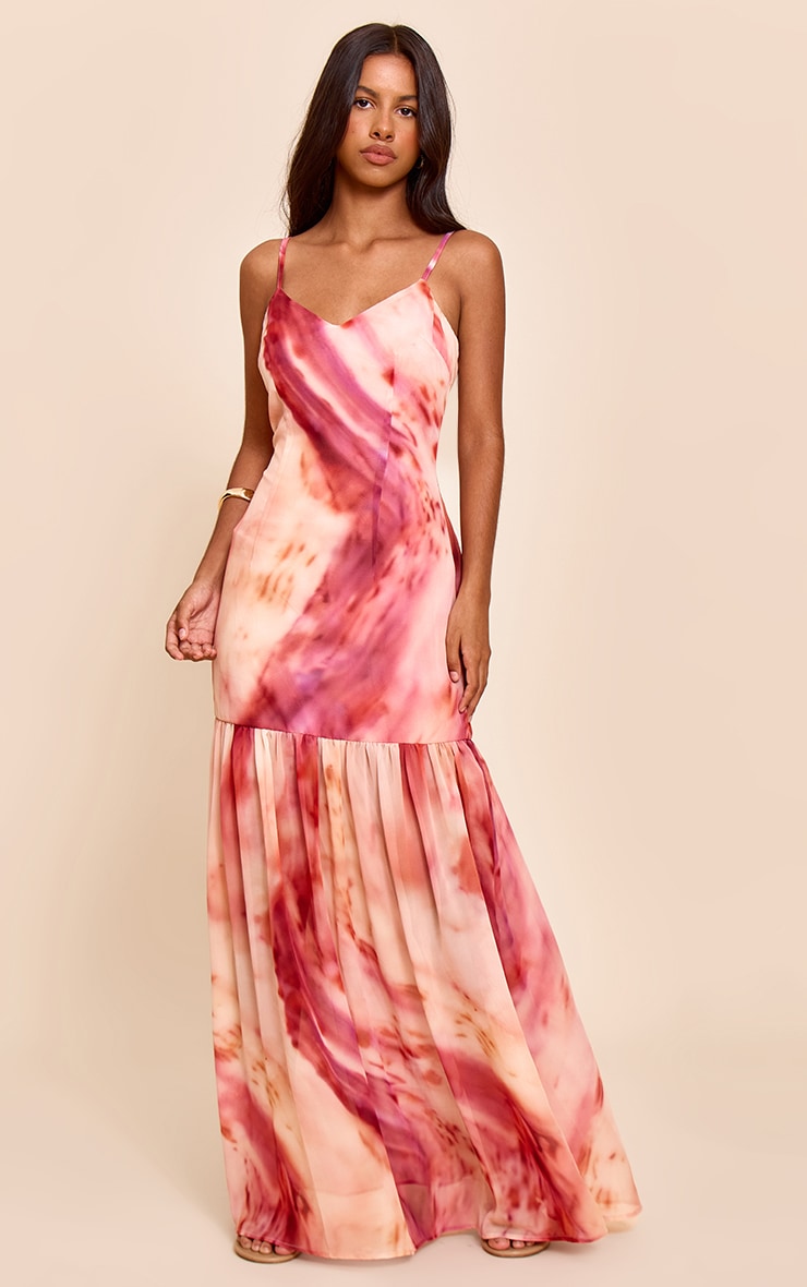 Petite Pink Printed Strappy Chiffon Frill Hem Maxi | Petite | PLT