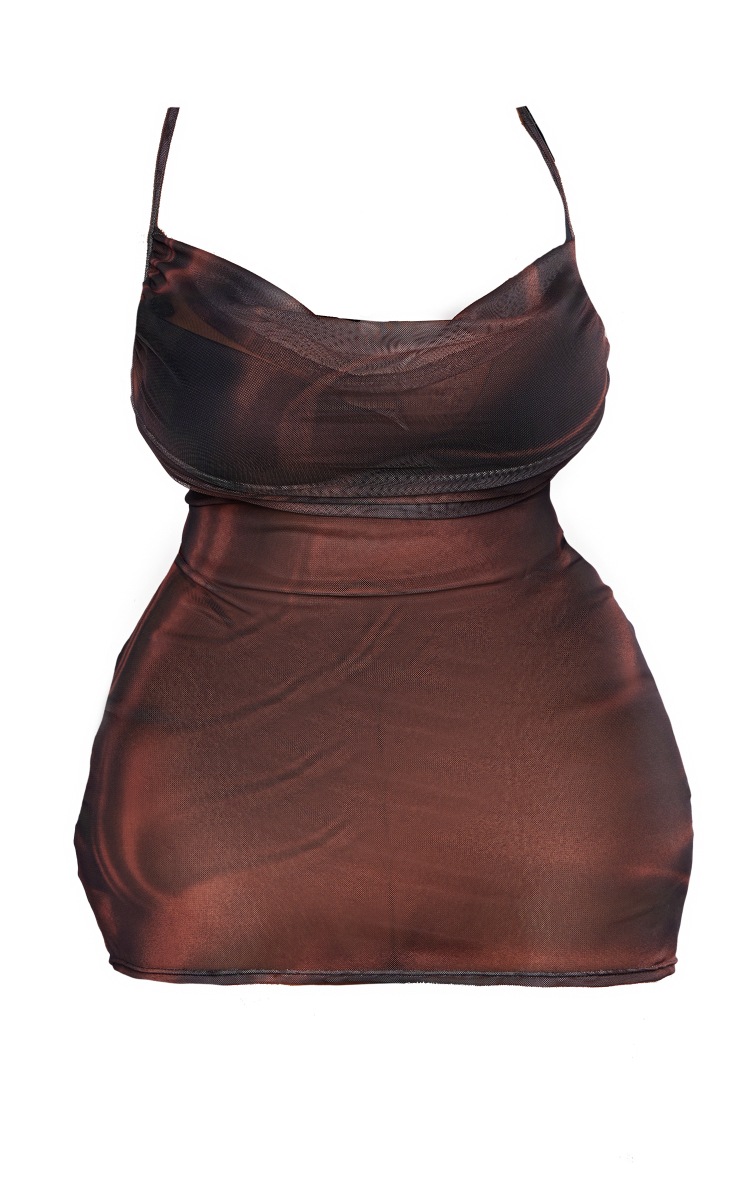 Plus Chocolate Satin Cowl Neck Mesh Bodycon Dress | PrettyLittleThing USA