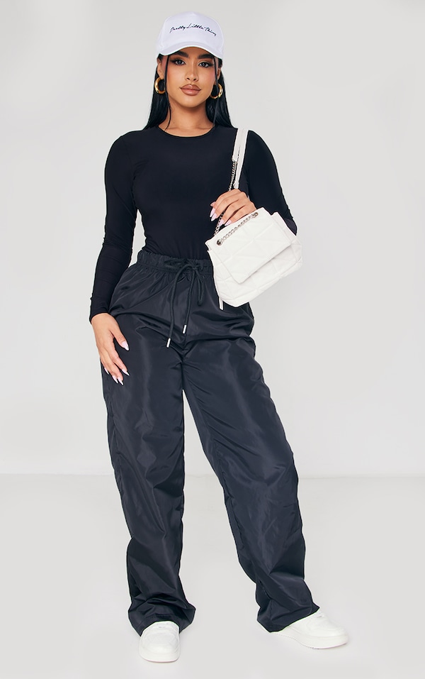Petite Black Shell Drawstring Wide Leg Jogger | Petite | PLT