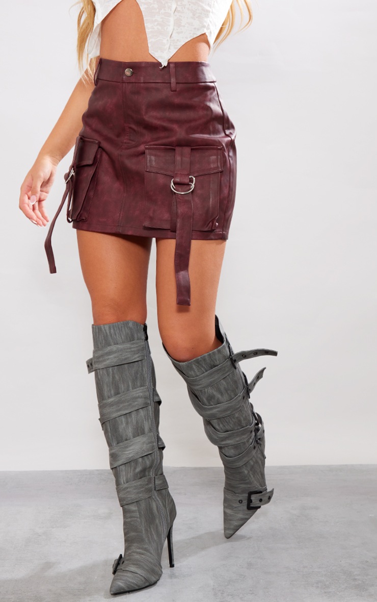 Burgundy Washed PU Pocket Cargo Mini Skirt | Bottoms | PLT USA