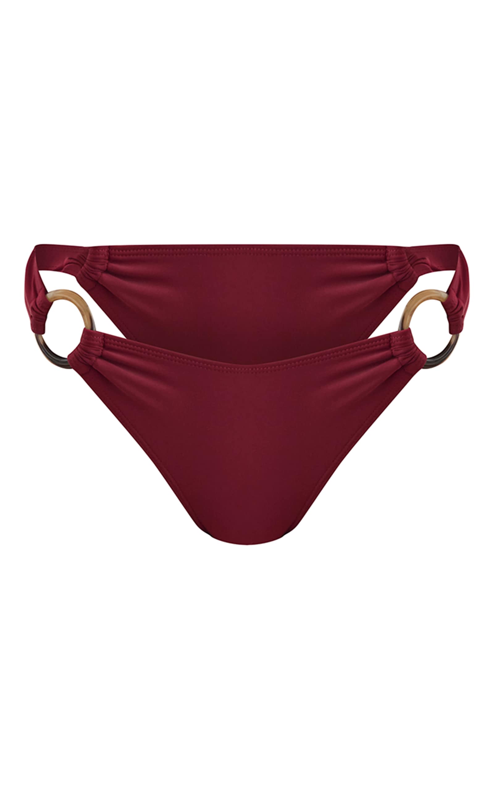 Burgundy O Ring Ruched High Leg Bikini Bottoms | Swimwear | PLT