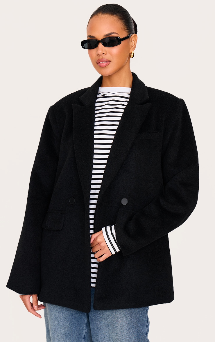 Black Oversized Textured Wool Look Blazer | Outerwear | PLT
