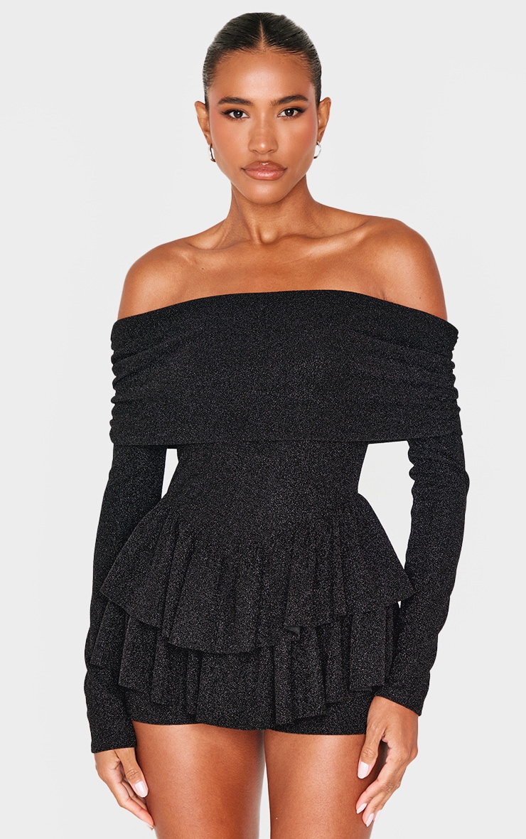 Black Glitter Bardot Long Sleeve Rara Romper | Dresses ...