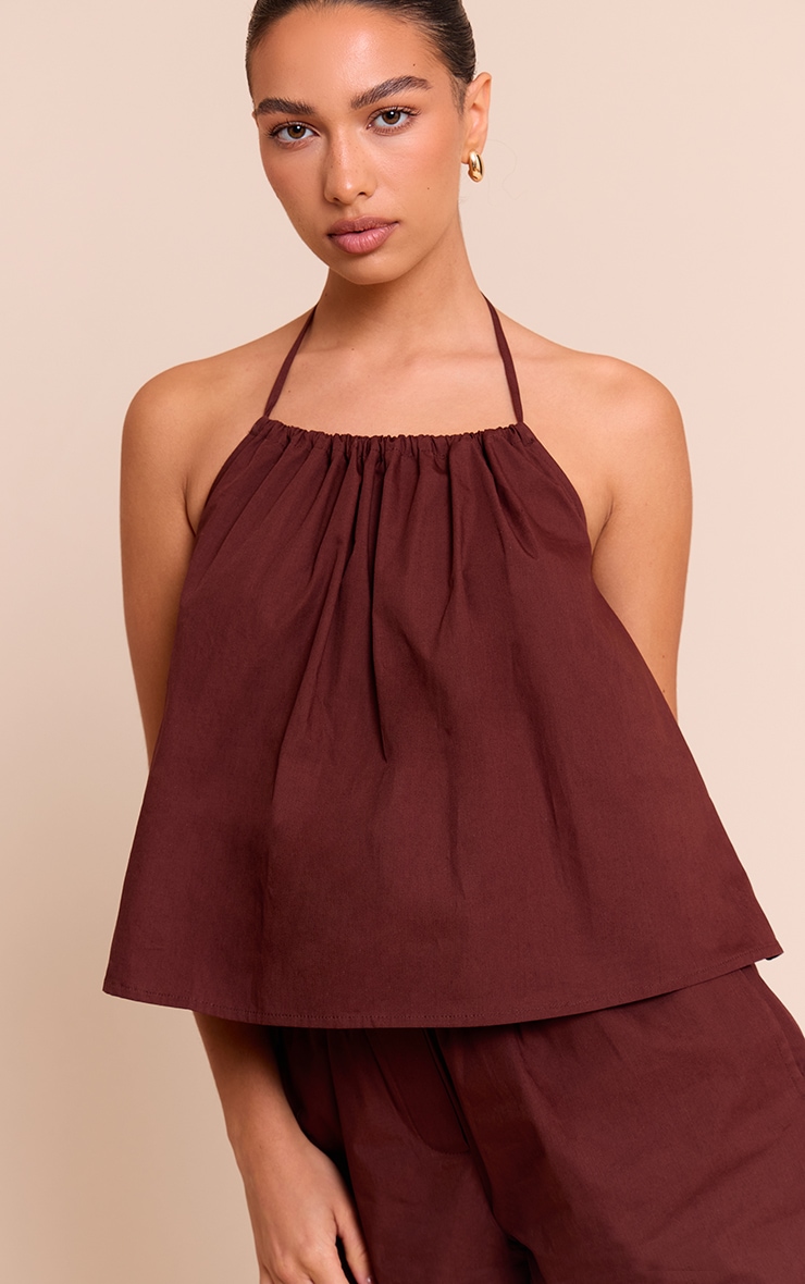 Chocolate Poplin Low Back Halterneck Top | Co-ords | PLT USA