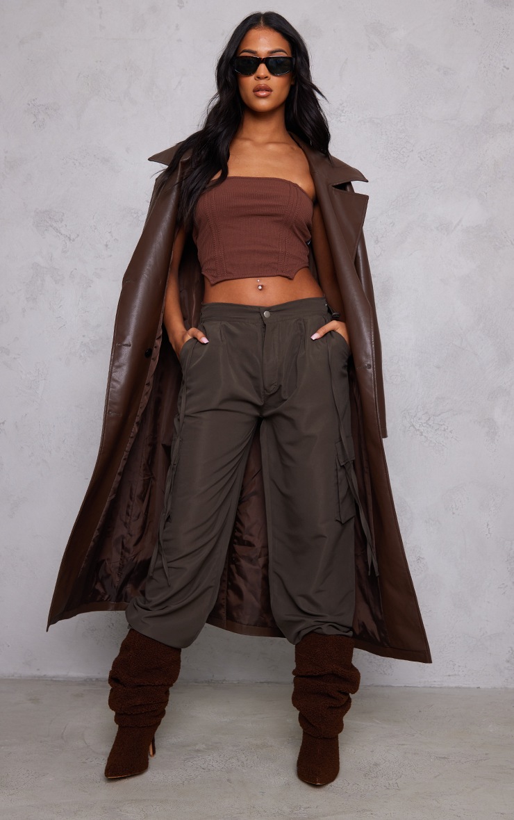 Tall Mocha Brown Woven Tab Rib Tube Top | Tall | PLT