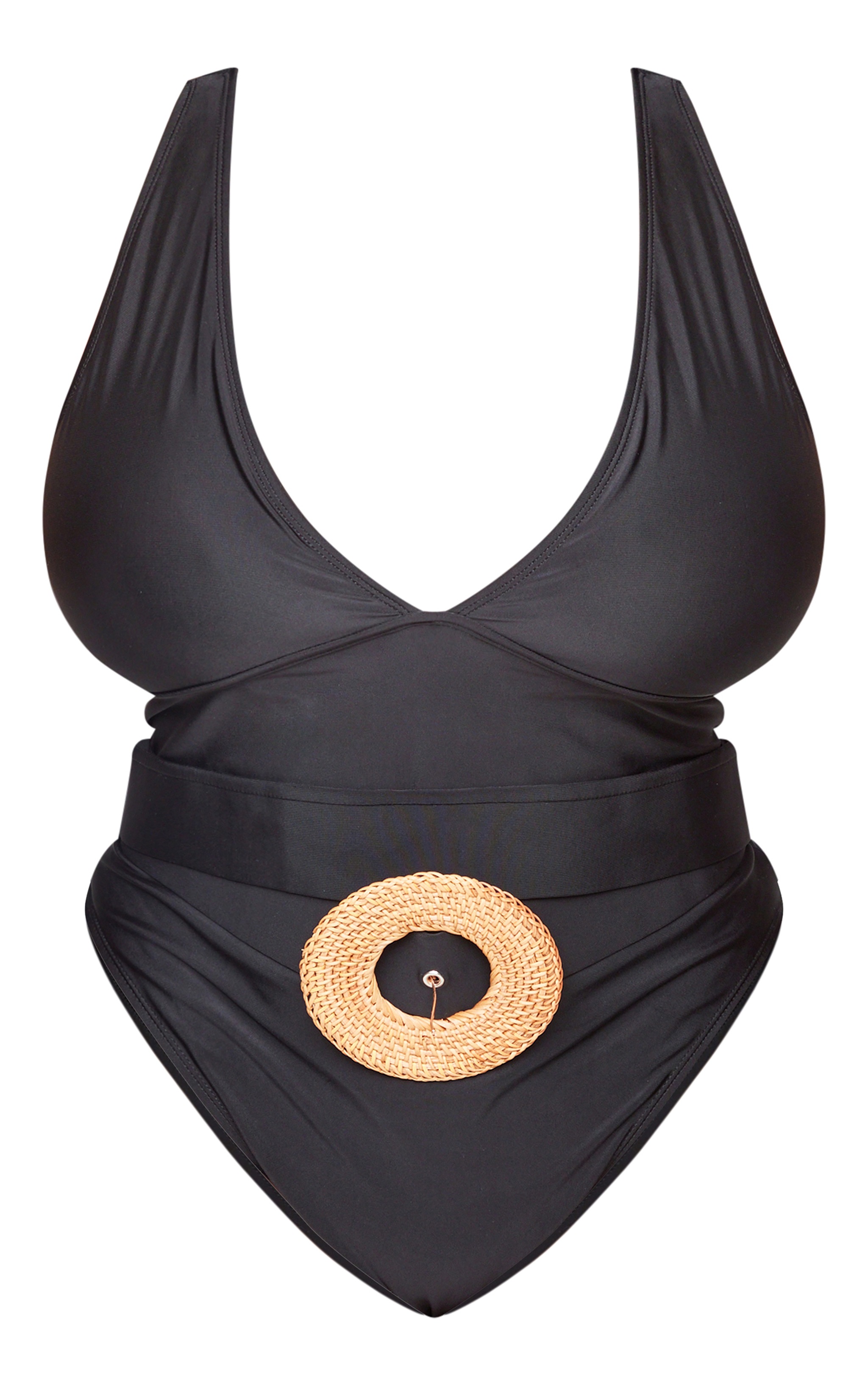 Plus Black Plunge Rattan Belted High Leg Swimsuit Prettylittlething Ksa
