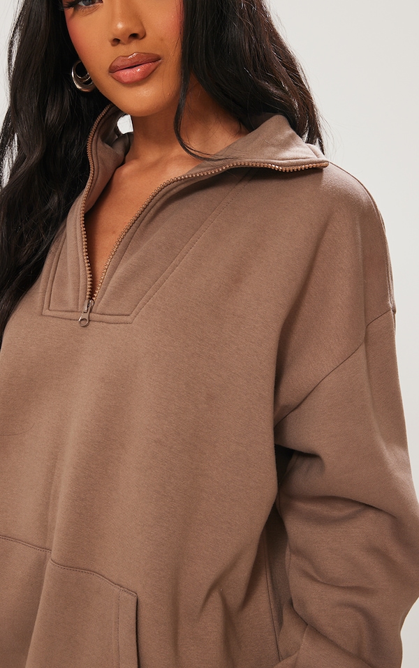 Mocha Zip Up Pocket Detail Sweatshirt | Athleisure | PLT