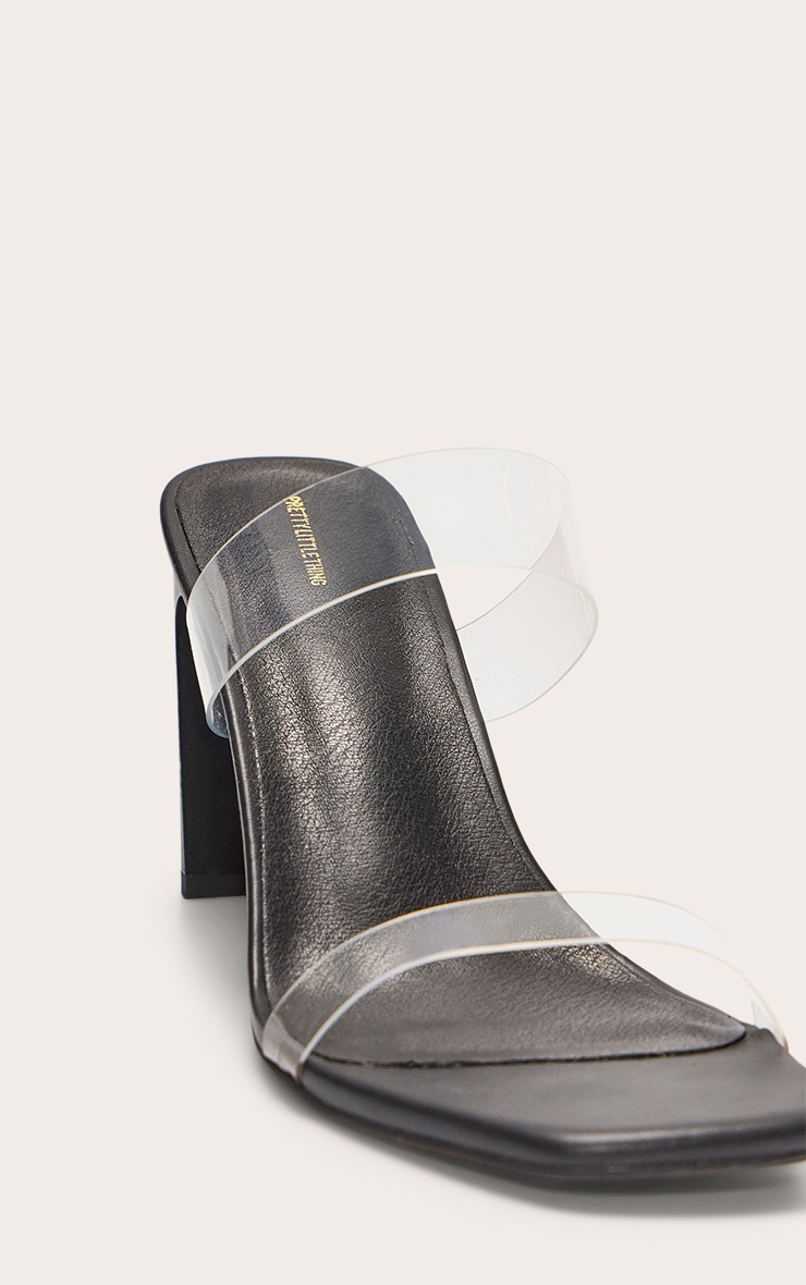 Black Perspex Straps High Thin Block Heeled Mules | Footwear | PLT
