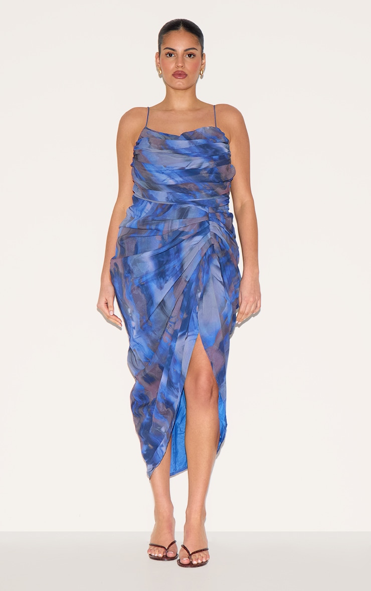 Plus Blue Abstract Chiffon Ruched Drape Midi Dress | Plus Size ...