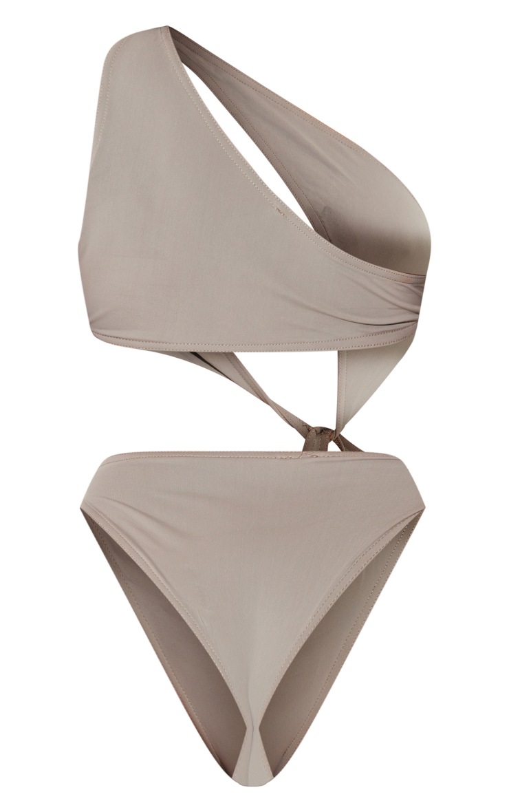 Taupe One Shoulder Loop Swimsuit | Swimwear | PrettyLittleThing USA