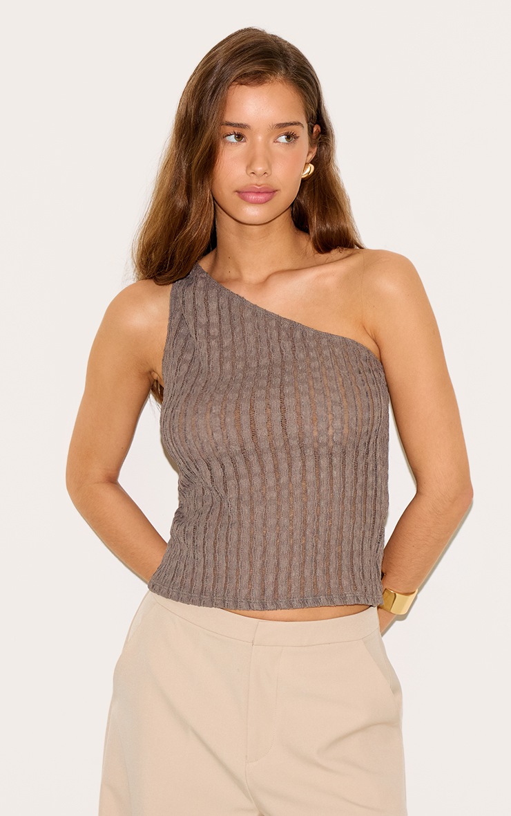 Taupe Textured Knot Detail One Shoulder Long Top | Tops ...