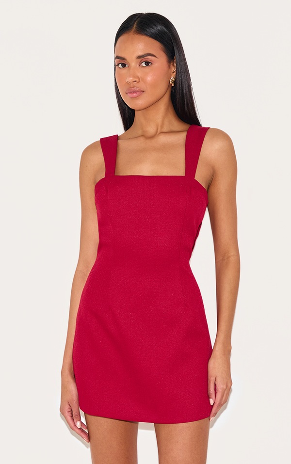 Red Twill Cut Out Bow Shift Dress | Dresses | PrettyLittleThing