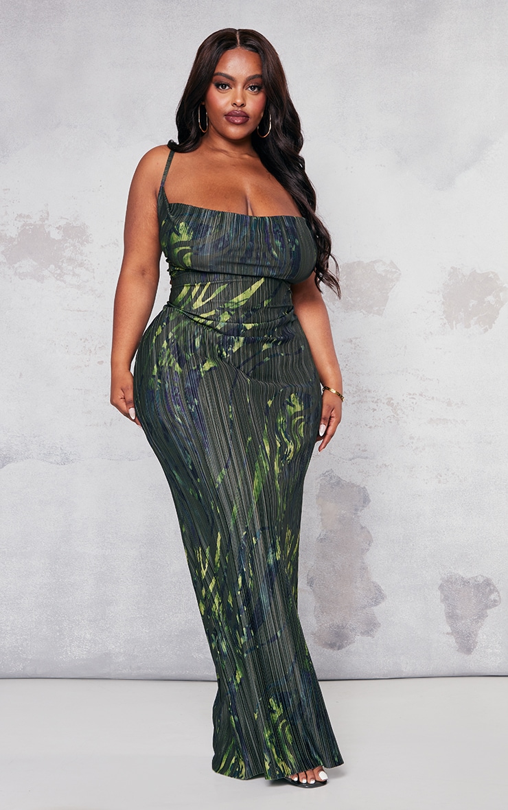 Plus Khaki Zebra Plisse Cowl Neck Maxi Dress | Plus Size | PLT AUS