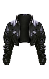 Black PU Ruched Sleeve Cropped Bomber Jacket | Outerwear | PLT