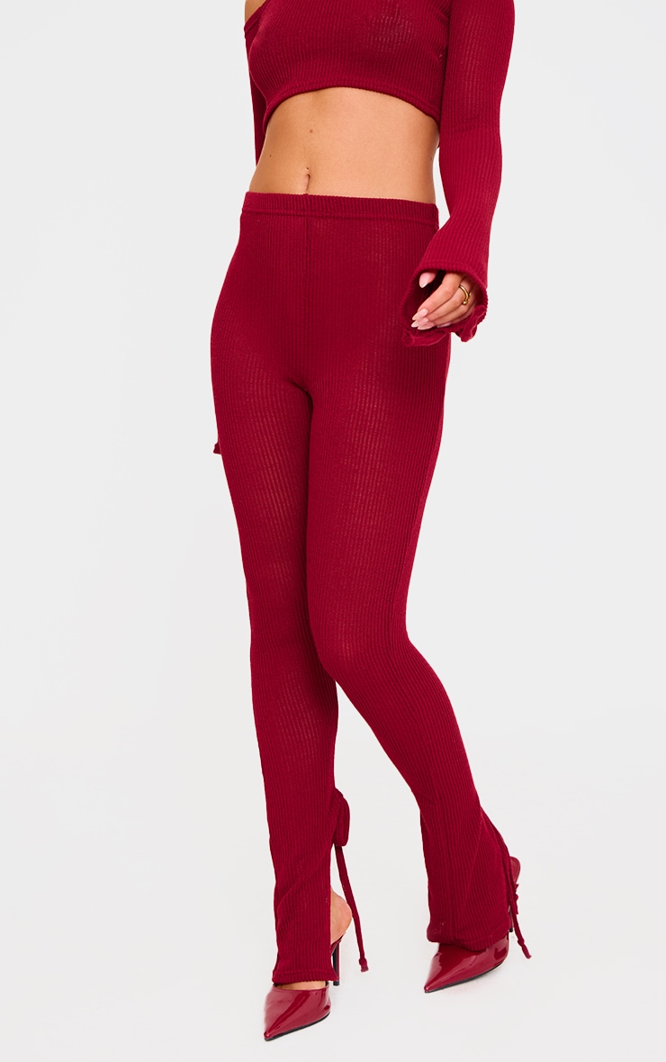Cherry Red Sheer Soft Rib Split Hem Tie Leggings | Co-ords | PLT