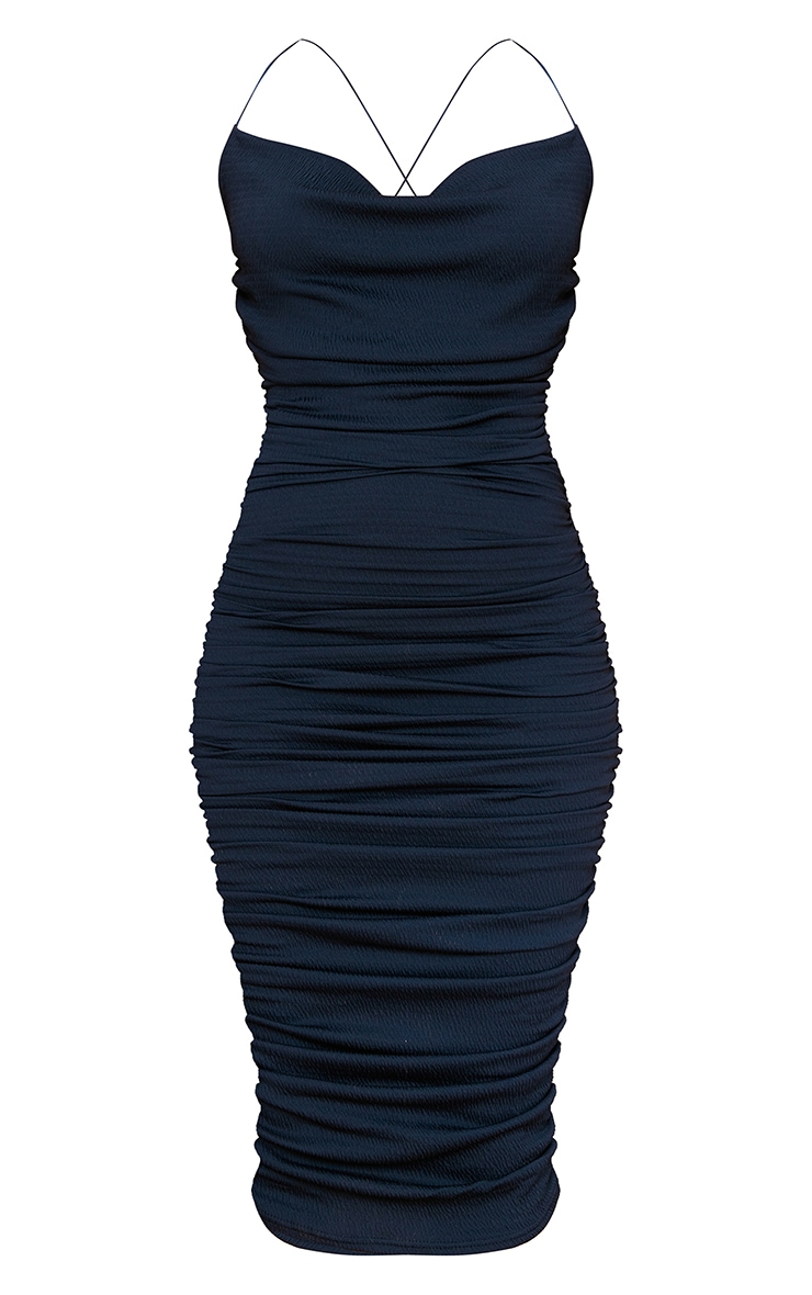 Navy Crinkle Texture Ruched Cowl Neck Midi Dress | Dresses ...