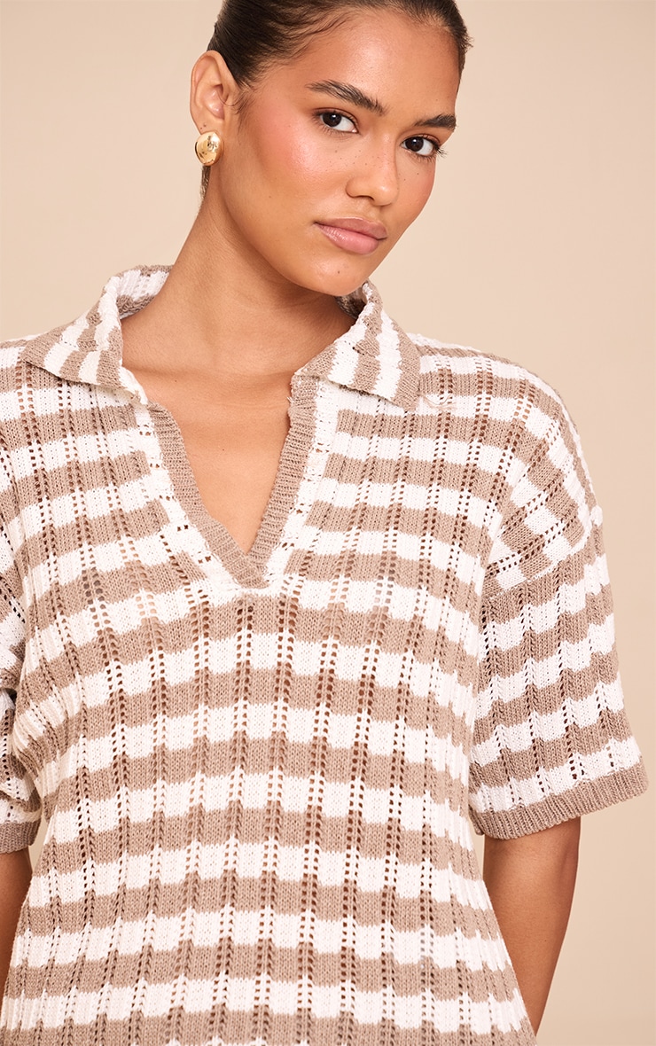 Mocha Crochet Stripe Rugby Knit Top | Knitwear | PLT