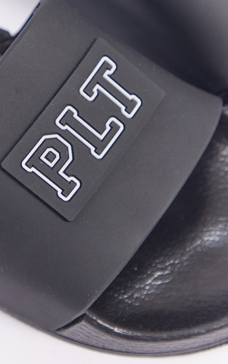 Black Pu Round Toe Plt Square Badge Slides | Footwear ...