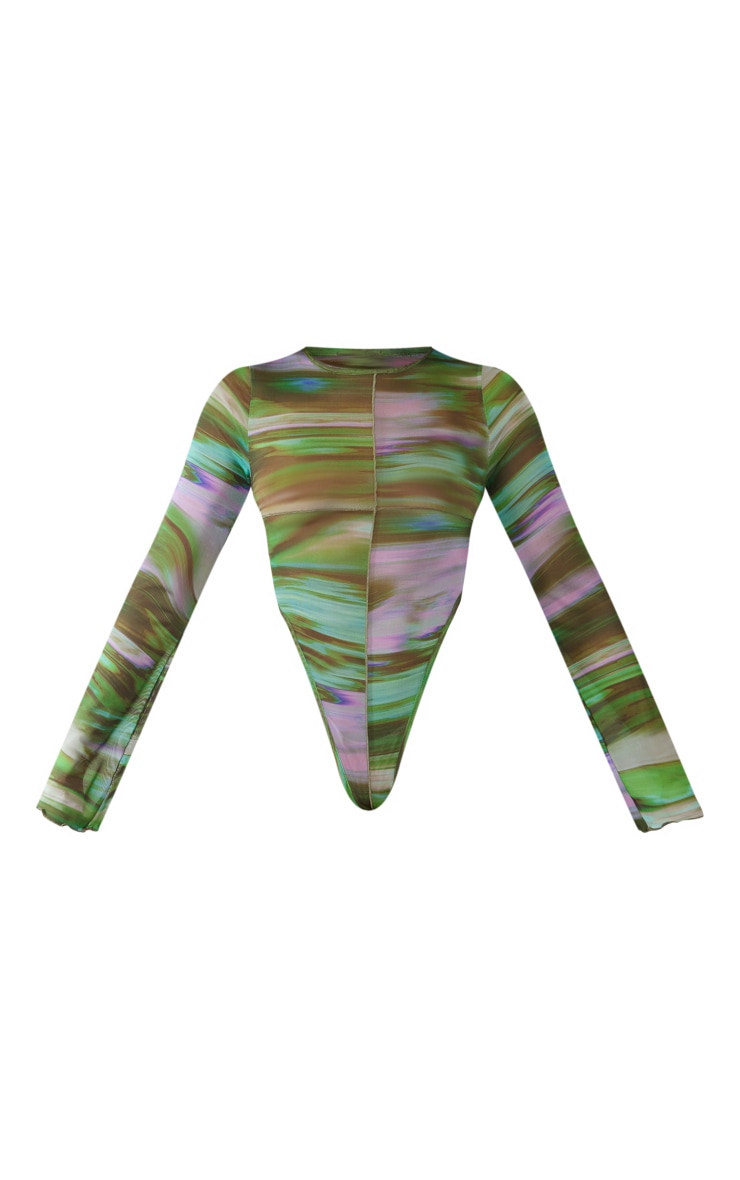 Green Abstract Printed Mesh High Leg Bodysuit | PrettyLittleThing