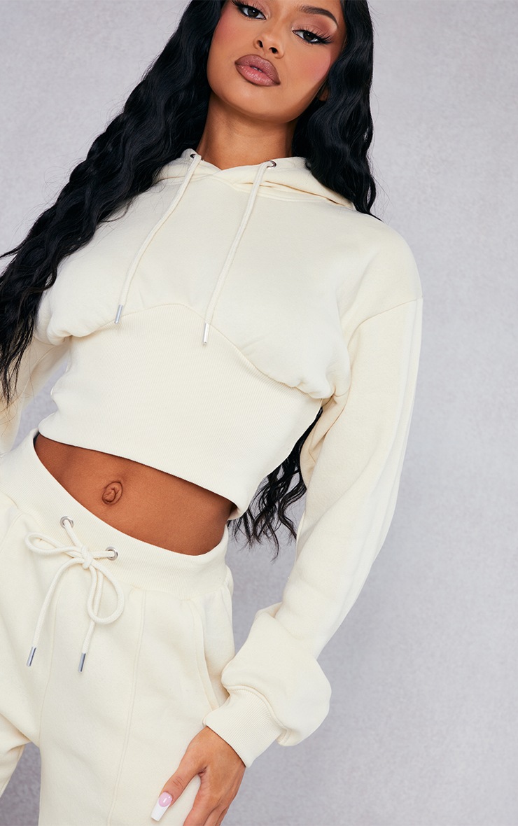 Beige Corset Rib Detail Cropped Hoodie | PrettyLittleThing USA