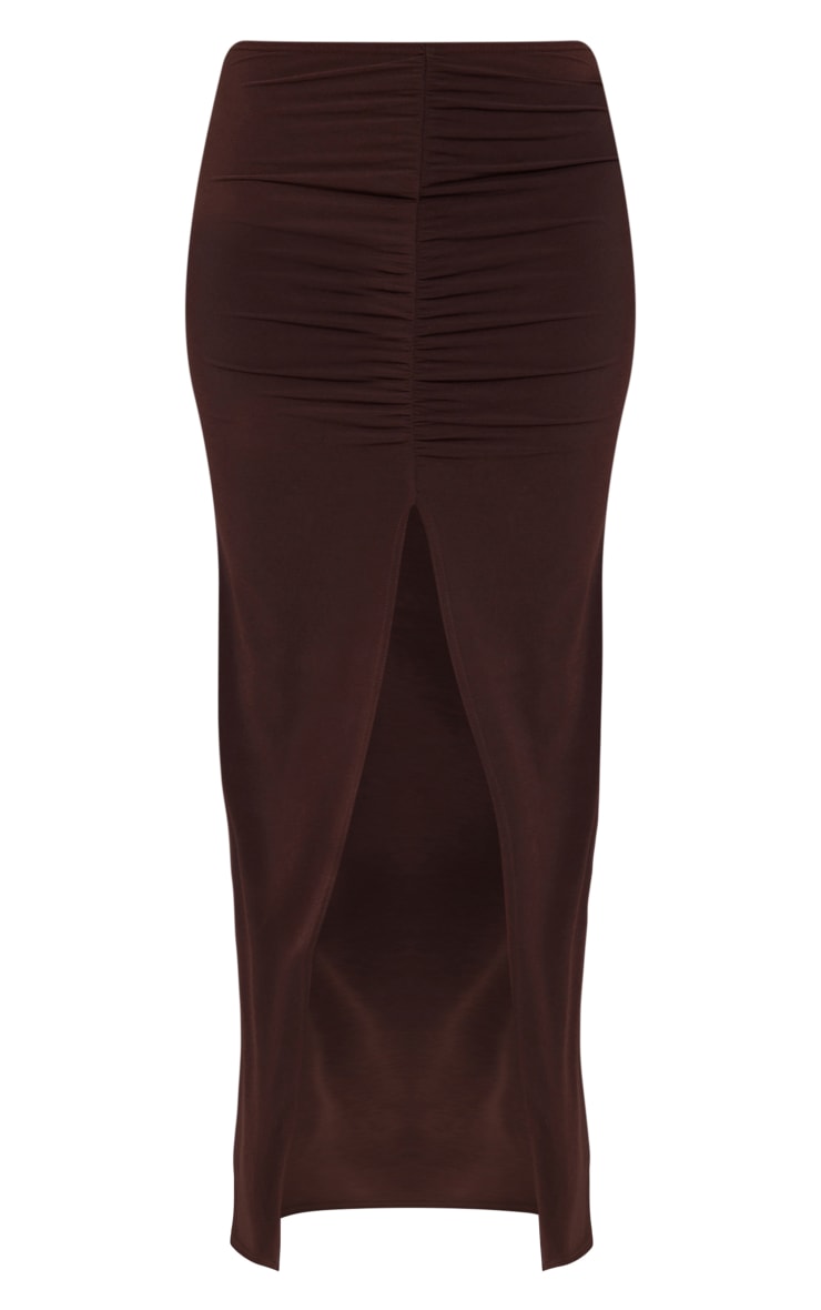 Jupe moulante longue chocolat à fente et fronces | PrettyLittleThing FR
