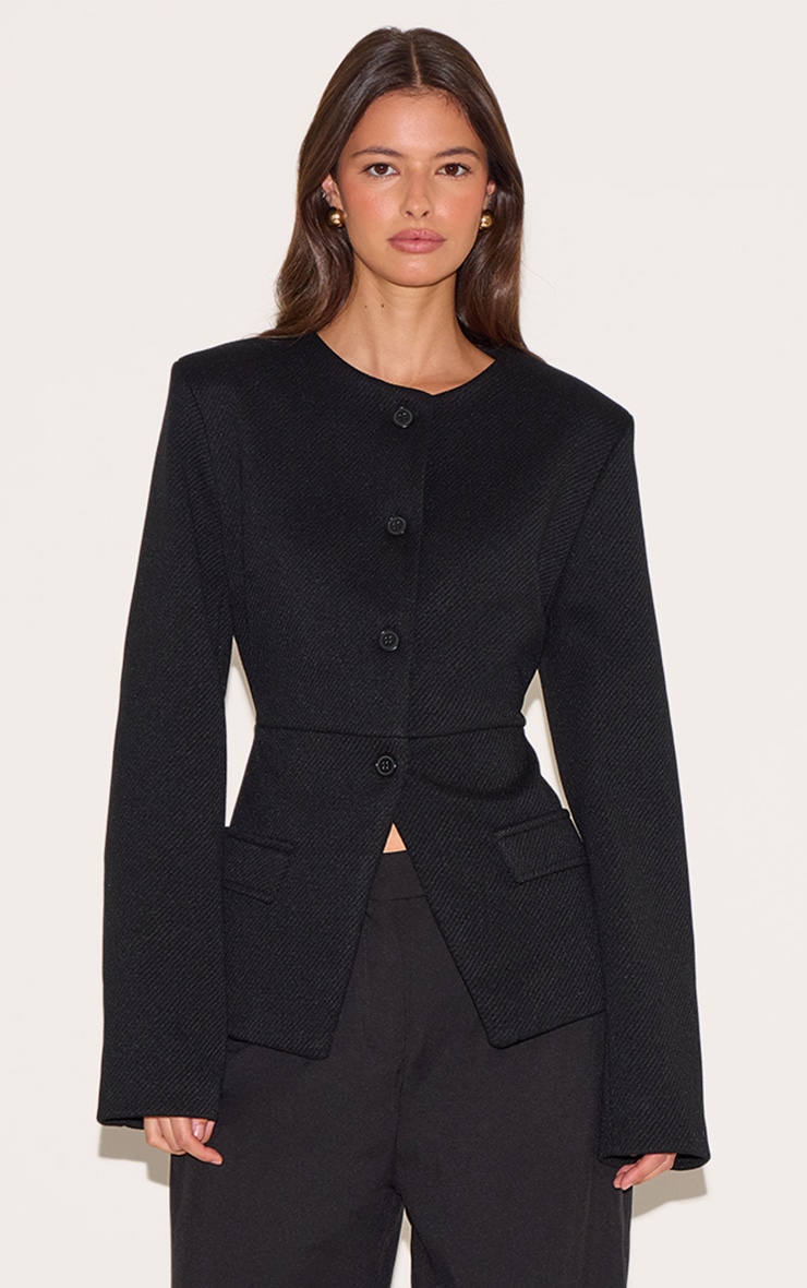 Black Button Up Longline Collarless Blazer | Outerwear | PLT AUS