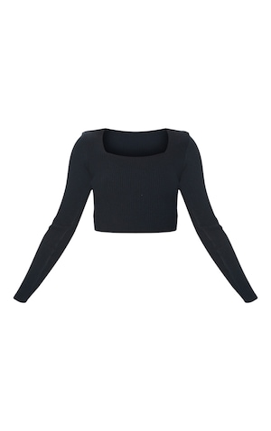 Black Square Front Ribbed Top | Knitwear | PrettyLittleThing USA