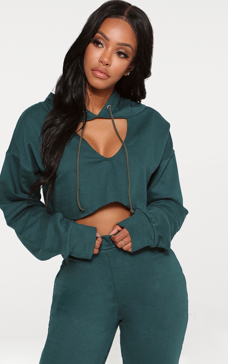 Shape Emerald Green Crop Open Neck Hoodie Prettylittlething Usa