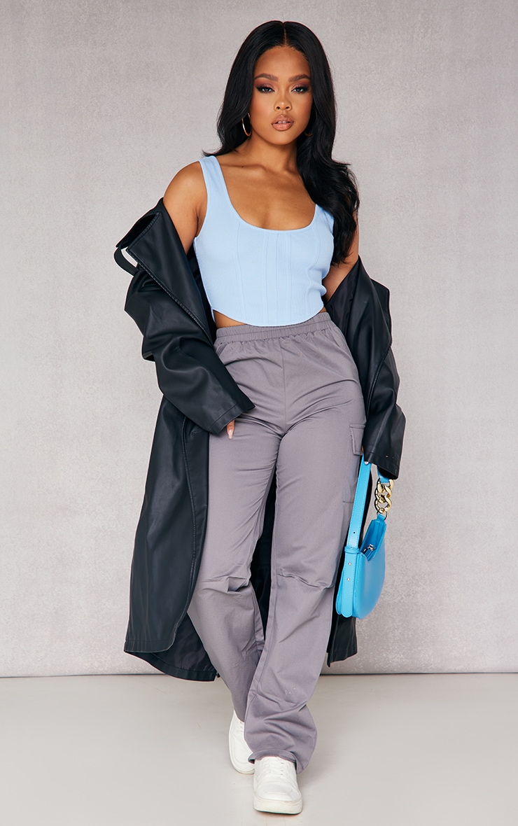 Washed Blue Rib Binding Corset Detail | Tops | PrettyLittleThing