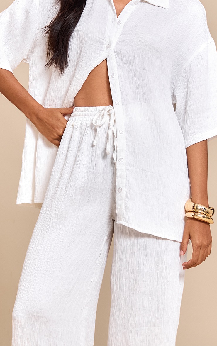 White Textured Woven Drawstring Wide Leg Trousers | Co-ords | PLT