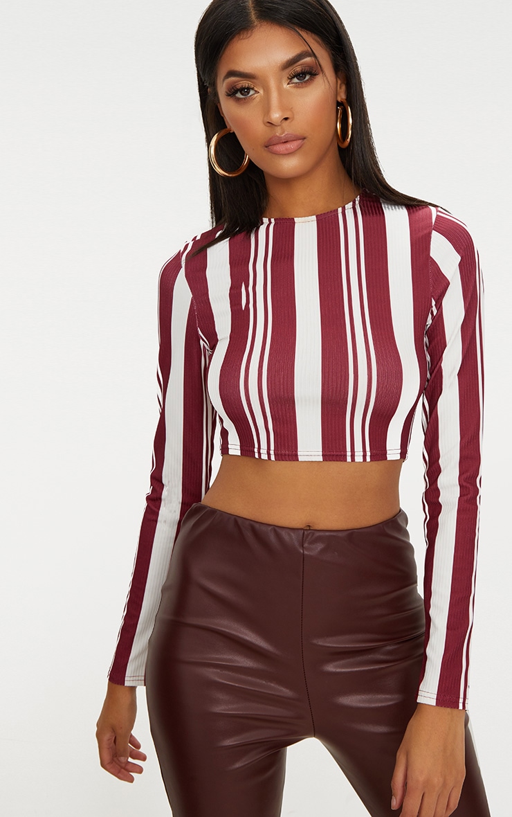 Burgundy Rib Stripe Long Sleeve Crop Top | PrettyLittleThing KSA