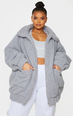 Plus Grey Oversized Borg Pocket Front Coat | Plus Size ...