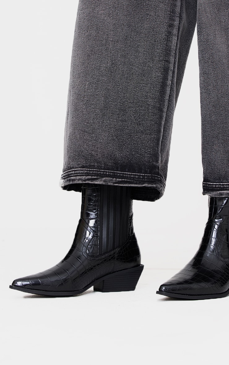 Black Croc Low Block Heel Western Ankle Boots | Footwear ...