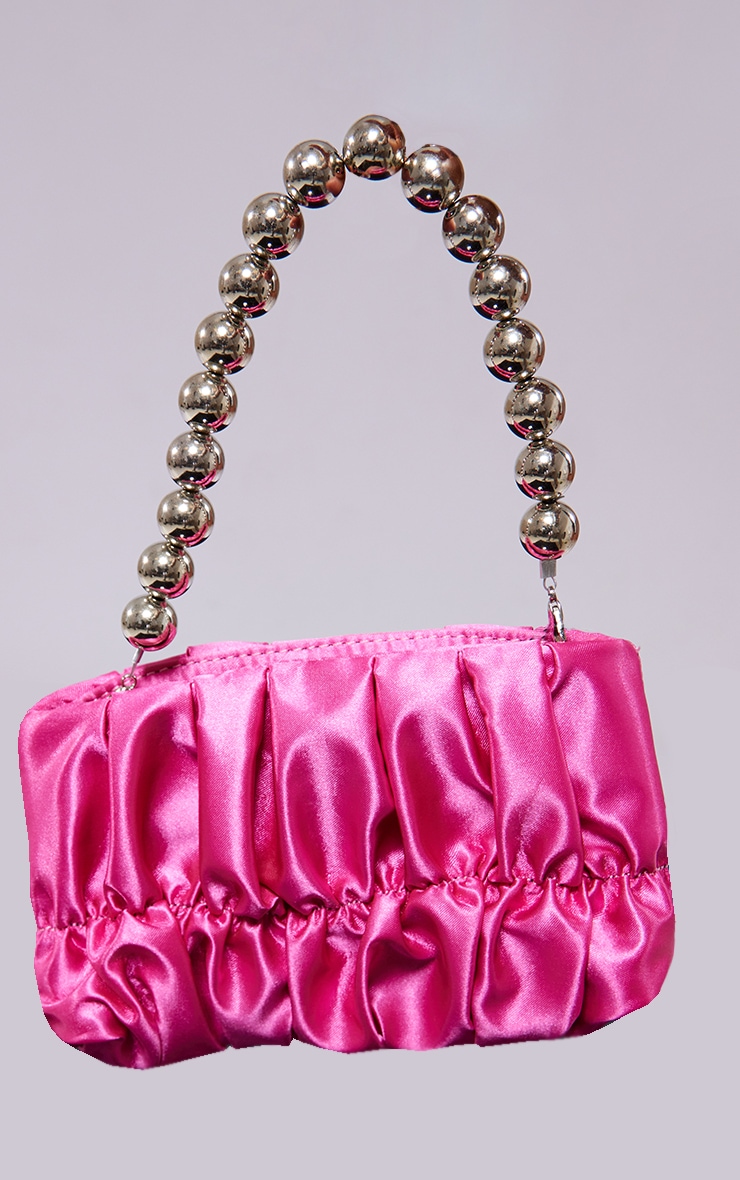 Pink Satin Ruched Beaded Handle Mini Bag | PrettyLittleThing