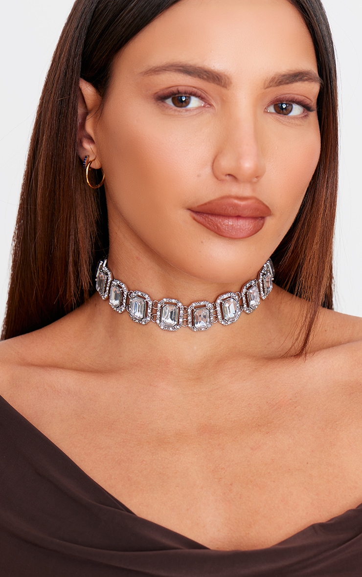 Silver Diamante Clear Jewel Link Statement Choker | Accessories | PLT